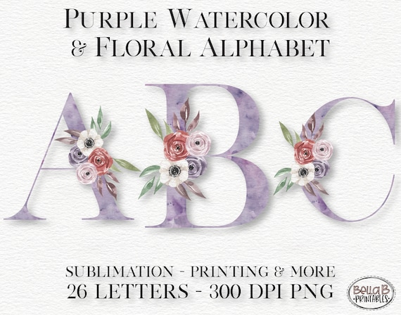 Purple Watercolor Floral Alphabet Set Alphabet Clipart | Etsy
