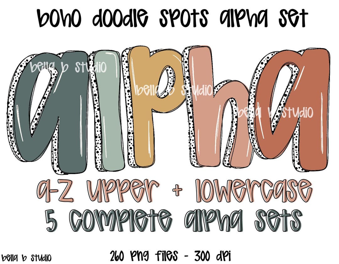 Boho Spots Doodle Alpha PNG Bundle, Cute Alpha PNG, Alphabet, Doodle ...
