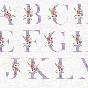 Purple Watercolor Floral Alphabet Set, Alphabet Clipart, Sublimation ...