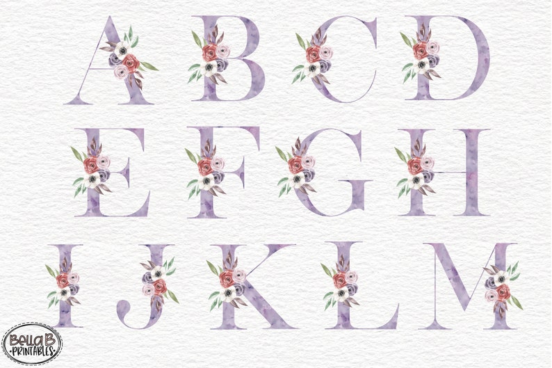 Purple Watercolor Floral Alphabet Set Alphabet Clipart - Etsy