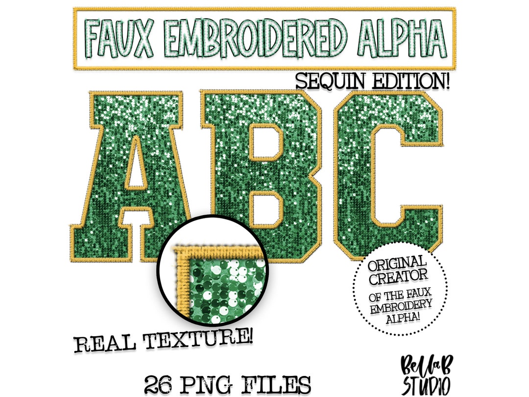 Faux Embroidered Sequin PNG Alphabet Set, Green Gold Sequin,green Faux ...
