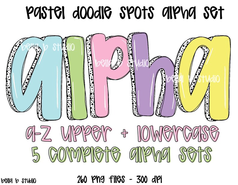 Pastel Spots Doodle Alpha PNG Bundle, Cute Alpha PNG, Alphabet, Doodle ...