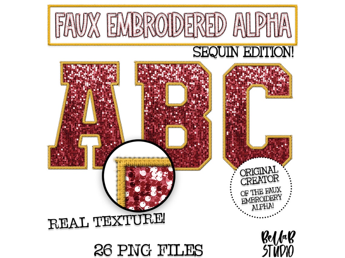 Faux Embroidered Sequin PNG Alphabet Set, Maroon Sequin,mustard Faux ...