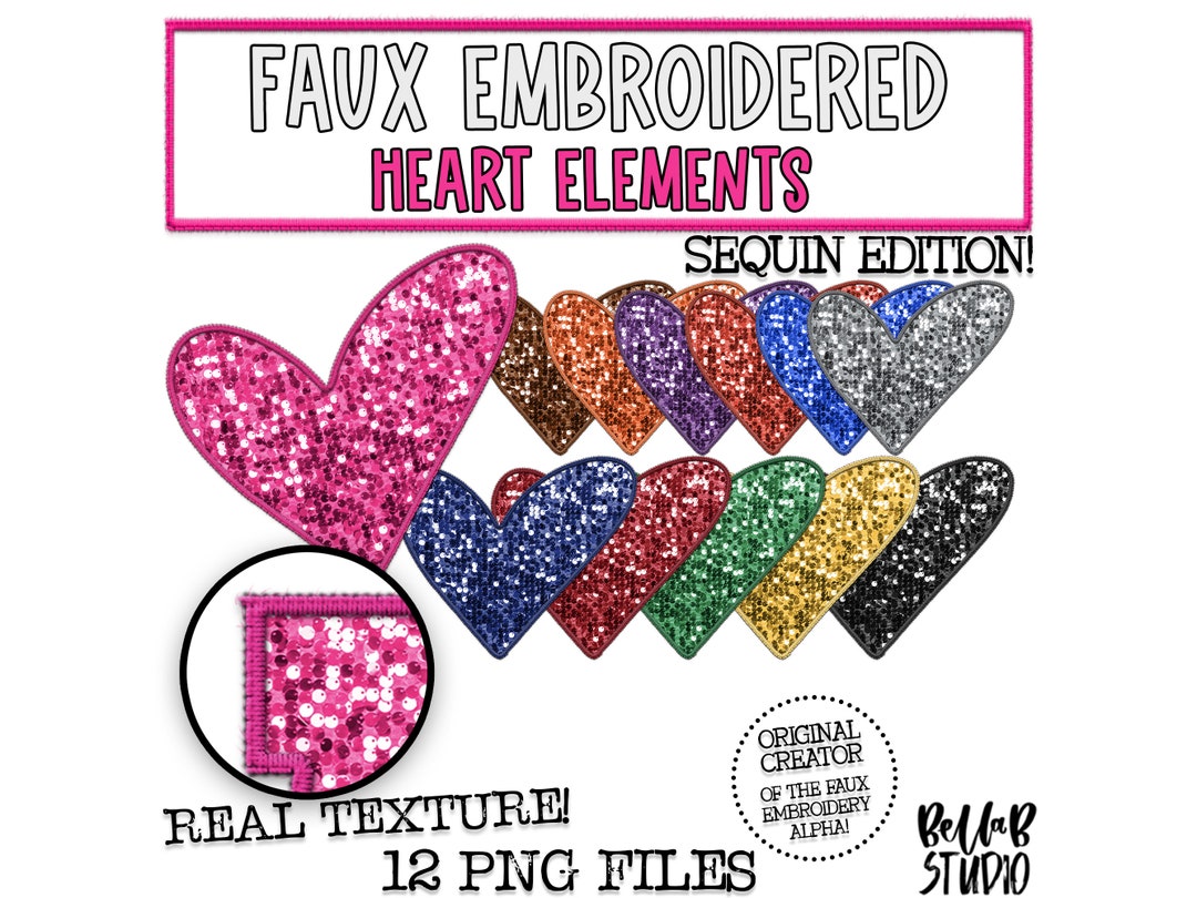 Faux Embroidered Sequin Heart Elements PNG, Faux Sequin PNG, Faux ...