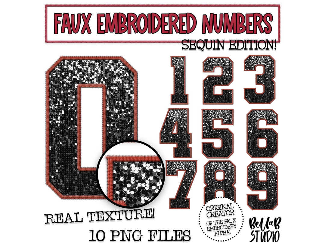 Faux Embroidered Sequin PNG Numbers Set, Black Sequin, Red Faux Sequin ...