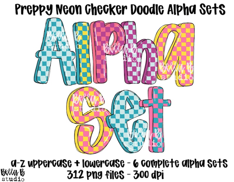 Preppy Neon Checker Doodle Alpha PNG Bundle, Bright Fun Alpha PNG ...