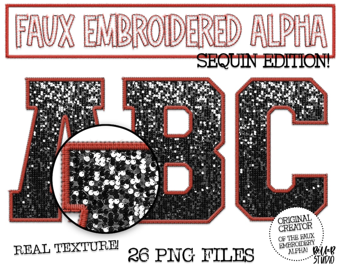 Faux Embroidered Sequin PNG Alphabet Set, Black Sequin, Red Faux Sequin ...