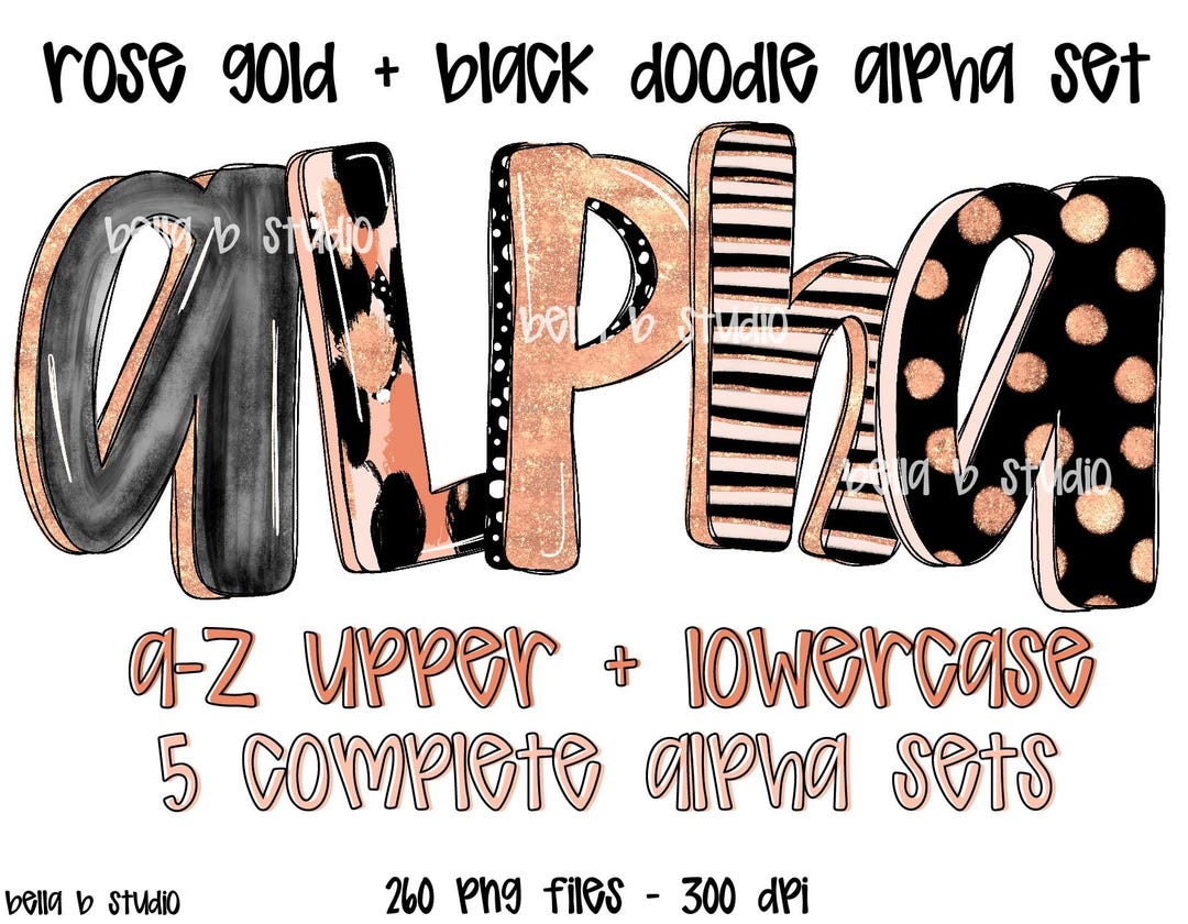 New Years Doodle Alpha PNG Bundle, Rose Gold Alpha PNG, Alphabet ...
