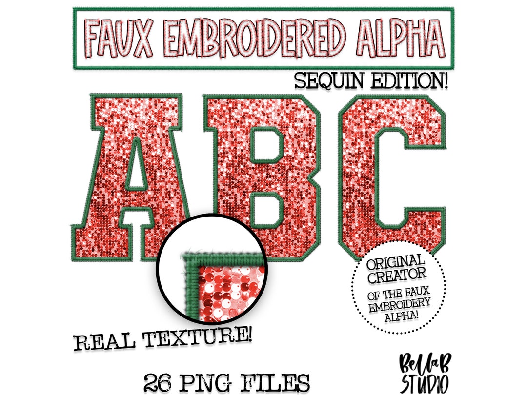 Faux Embroidered Sequin PNG Alphabet Set, Red Green Sequin, Red Faux ...