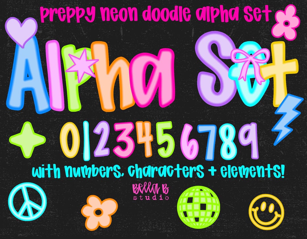 Preppy Neon Doodle Alpha PNG Bundle, Preppy Letters PNG, Bright Doodle ...