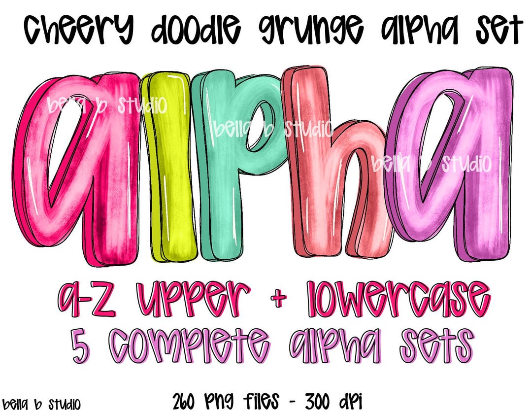 Bright Doodle Alpha PNG Bundle, Grunge, Fun Alpha PNG, Alphabet, Doodle ...