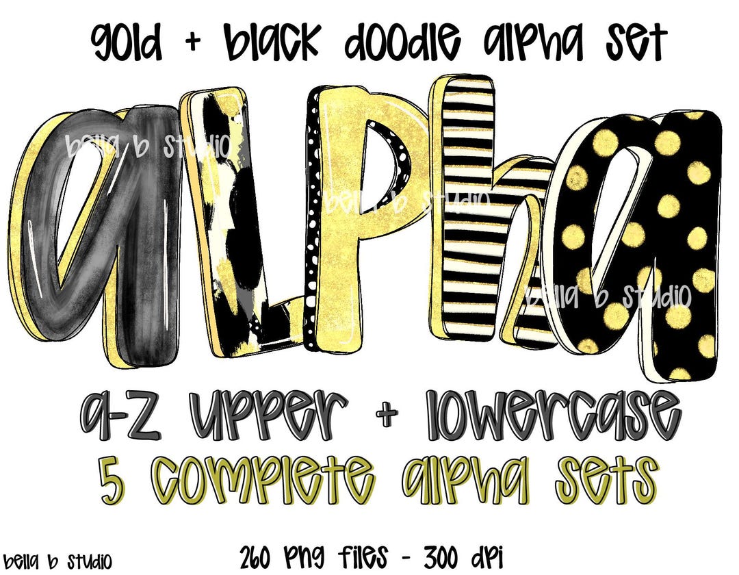 New Years Doodle Alpha PNG Bundle, Black Gold Alpha PNG, Alphabet ...