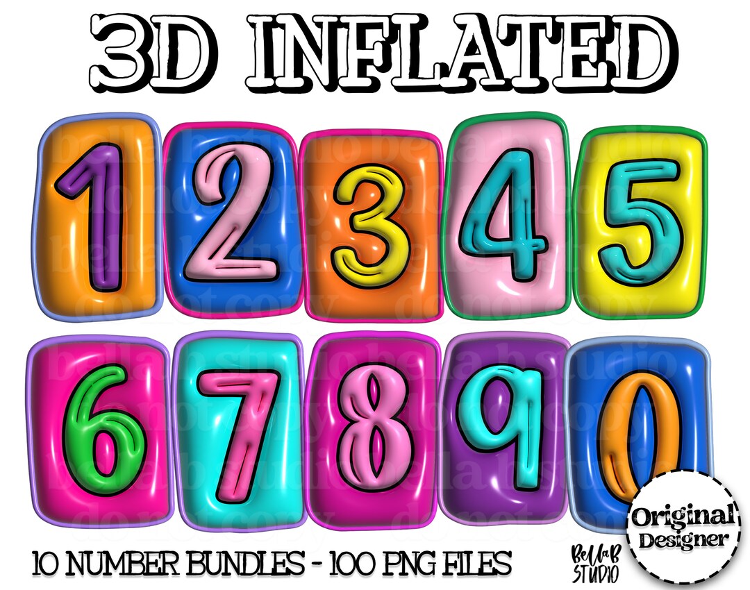 3D Inflated PNG Numbers Set, Bright Alpha, Bubble Puffy Alphabet, 3D ...