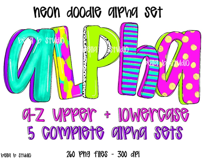 Neon Doodle Alpha PNG Bundle, Grunge, Fun Alpha PNG, Alphabet, Doodle ...