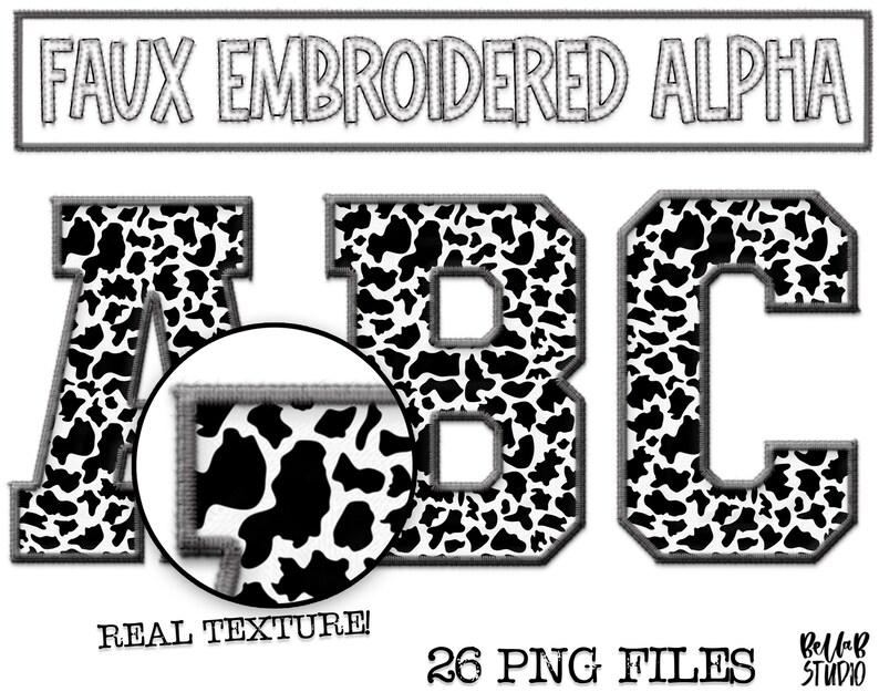 Faux Embroidered PNG Alphabet Set Cow Print Sublimation - Etsy