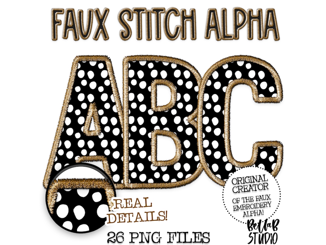 Faux Embroidered PNG Alphabet Set, Polka Dots Stitched Alpha Set, Gold ...