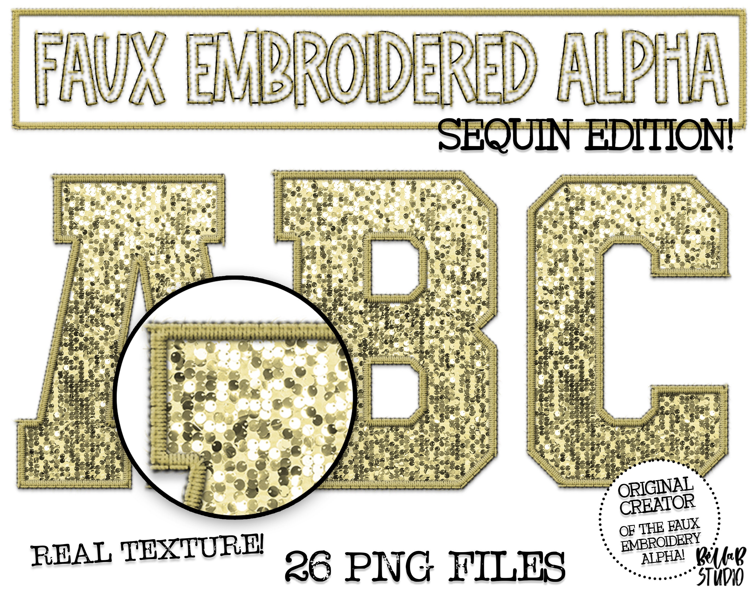 Faux Embroidered Sequin PNG Alphabet Set,vegas Gold Sequin,gold Faux ...