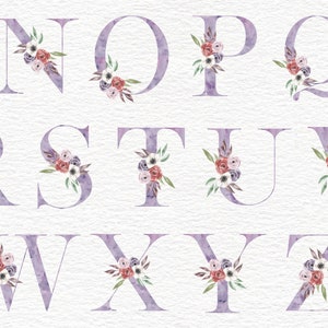 Purple Watercolor Floral Alphabet Set, Alphabet Clipart, Sublimation ...