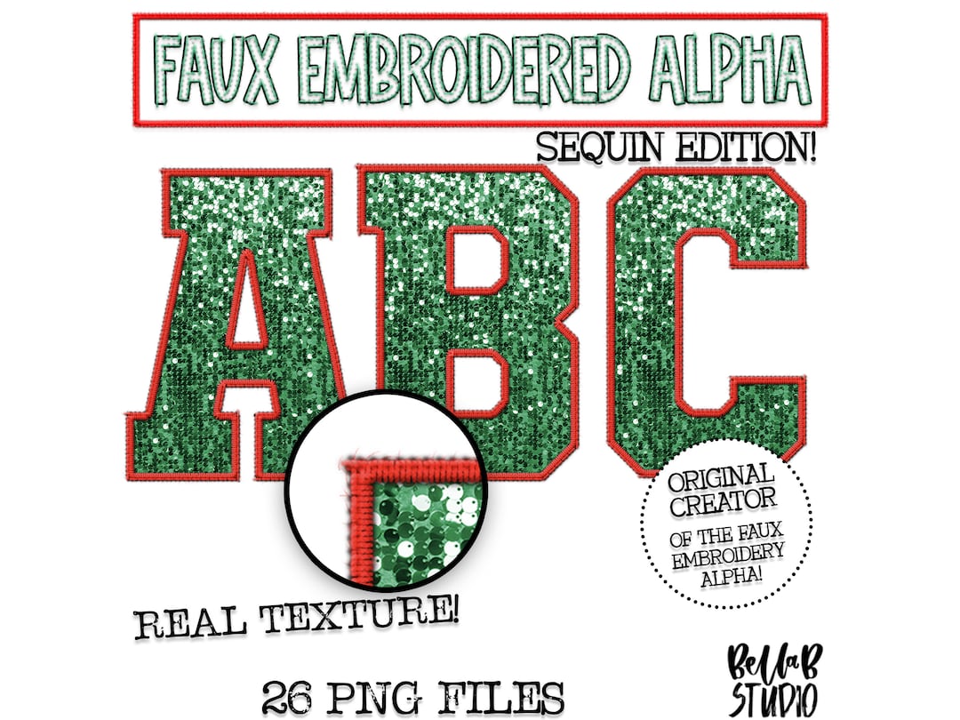 Faux Embroidered Sequin PNG Alphabet Set, Green Red Sequin, Green Faux ...
