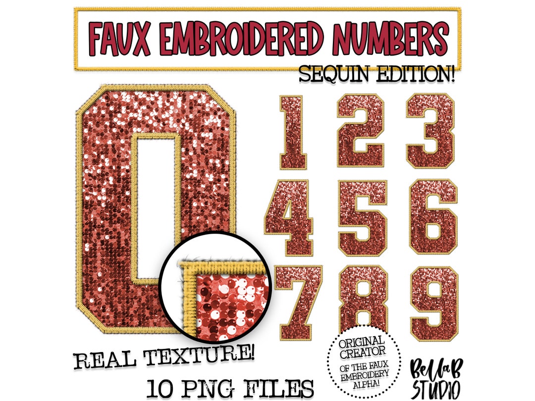 Faux Embroidered Sequin PNG Numbers Set, Red Gold Sequin, Red Faux ...