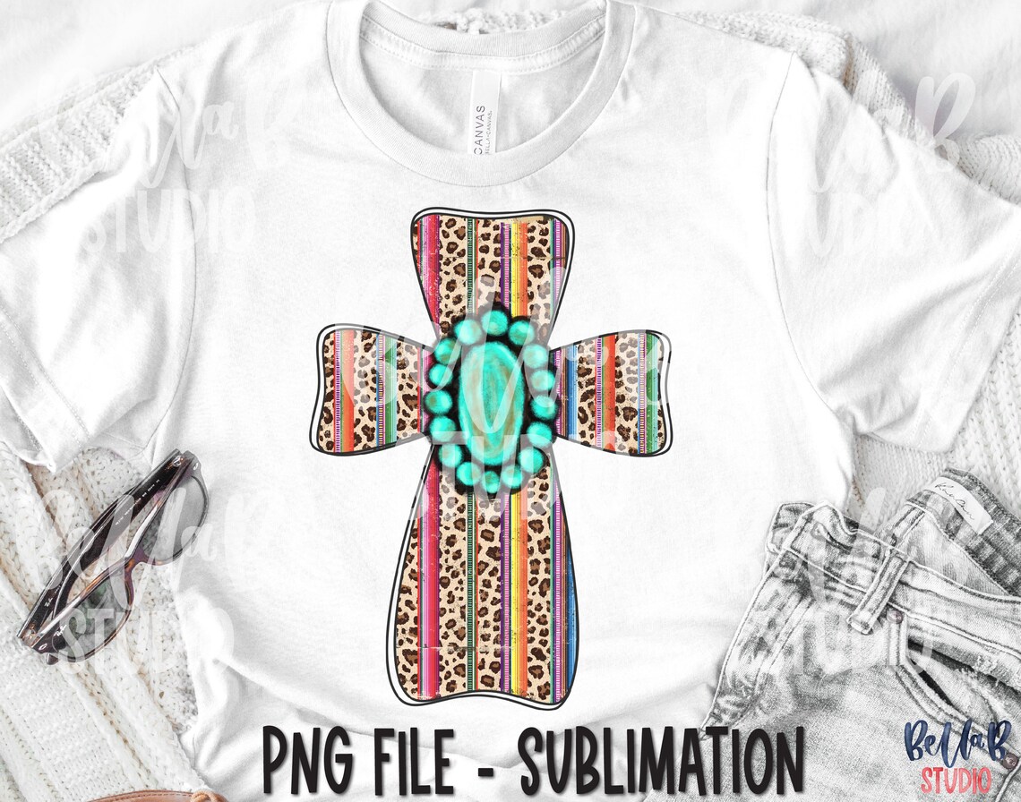 Leopard Serape Print Turquoise Gem Cross PNG Sublimation Design, Tribal ...
