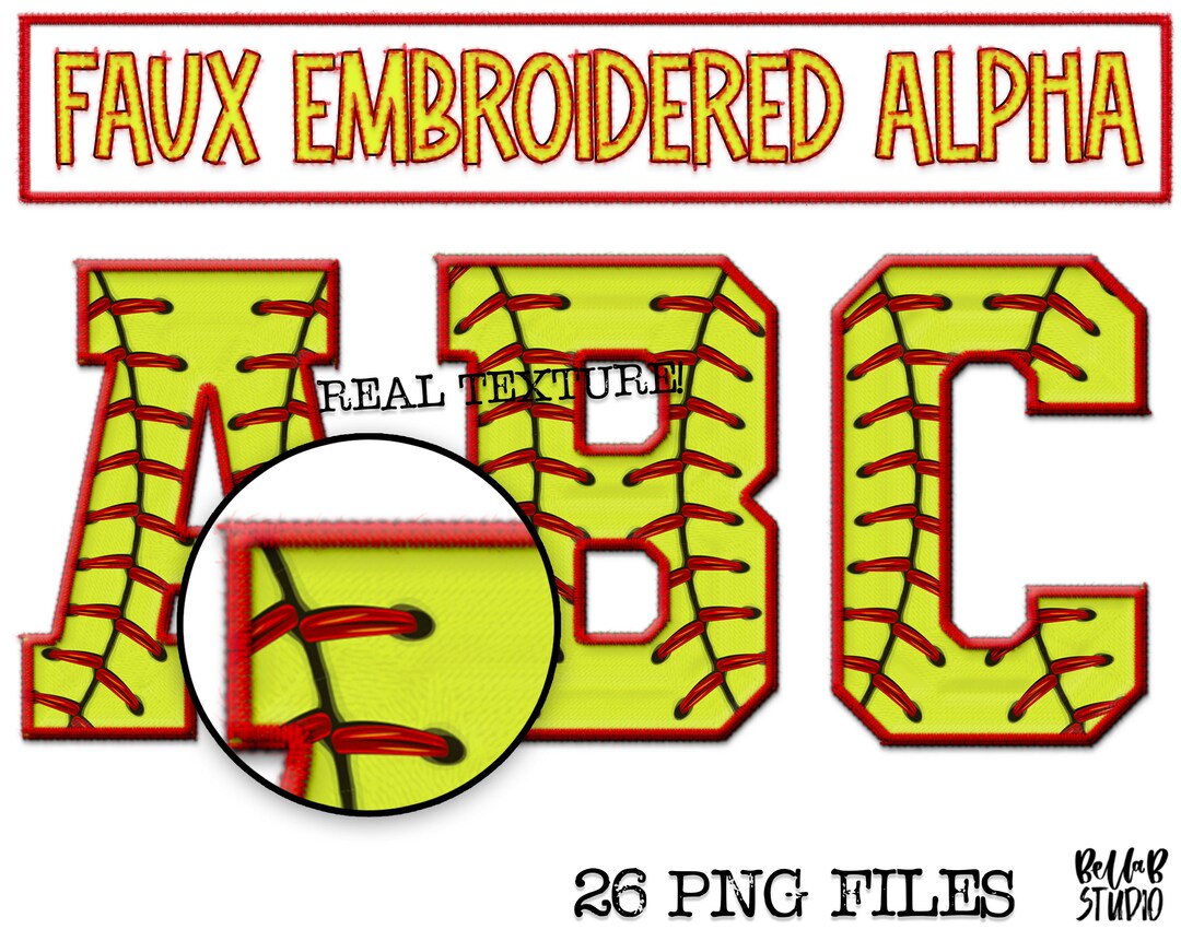 Softball Faux Embroidered PNG Alphabet Set, Stitched Alpha PNG, Clipart ...