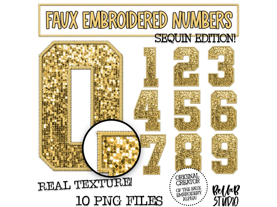 Faux Embroidered Sequin PNG Numbers Set, Gold Sequin, Gold Faux Sequin ...