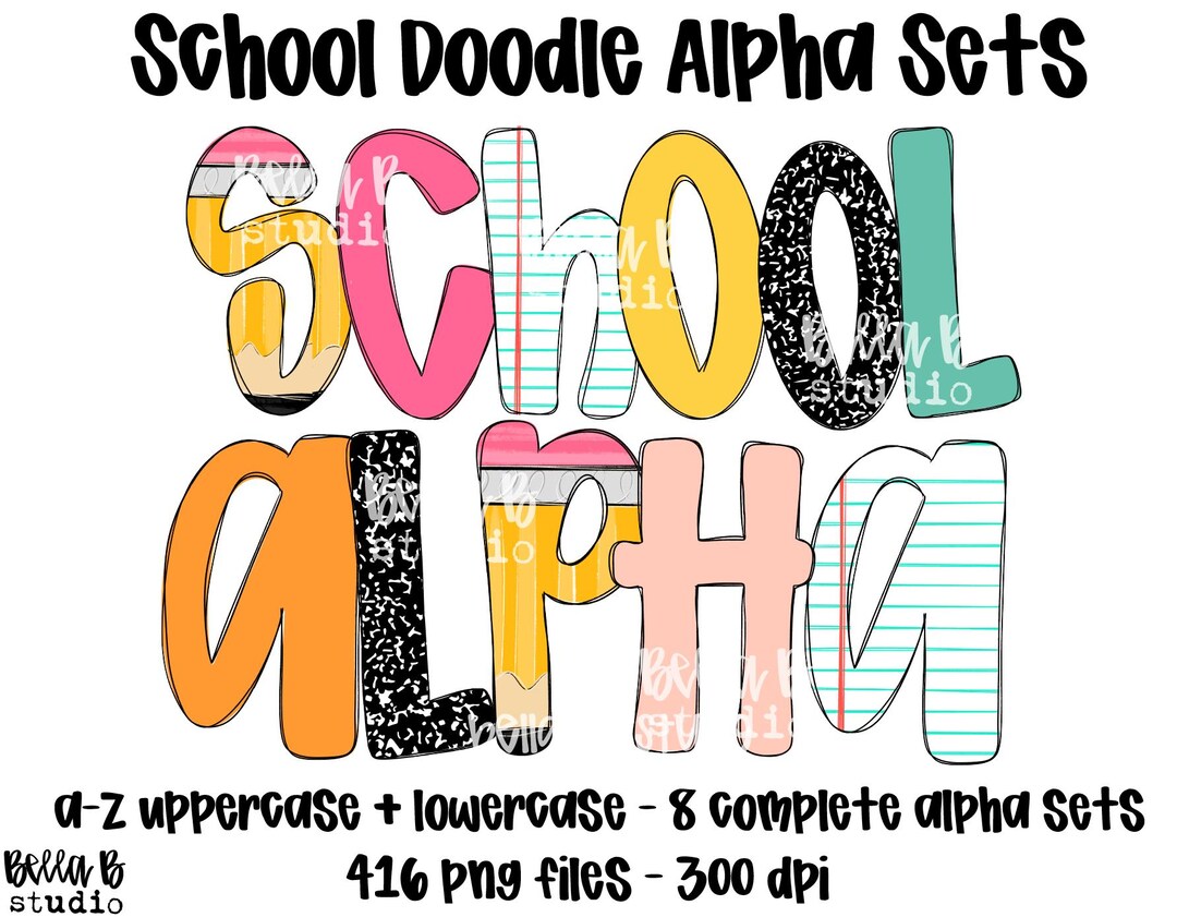 School Doodle Alpha PNG Bundle, Preppy School Alpha PNG, Doodle Font ...