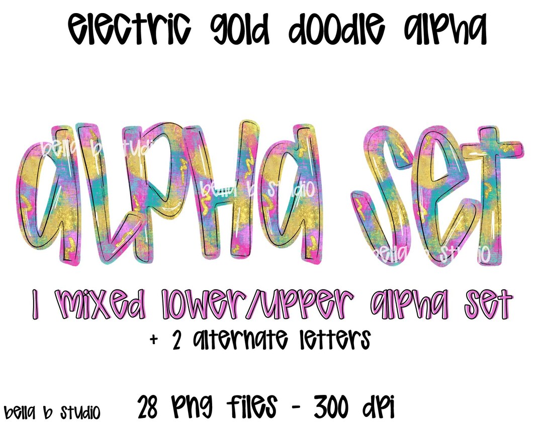 Electric Gold Doodle Alpha PNG Bundle, Pink Alpha PNG, Alphabet, Doodle ...