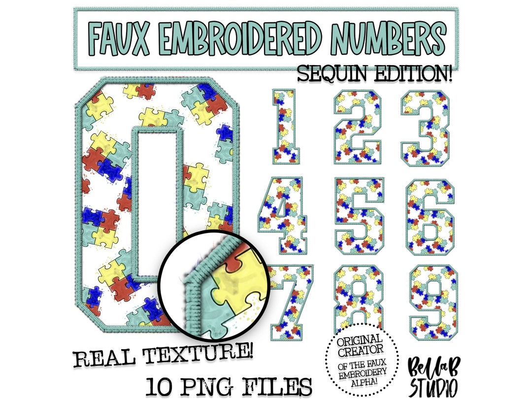 Faux Embroidered Autism PNG Numbers Set, Faux Embroidery PNG, Stitched ...