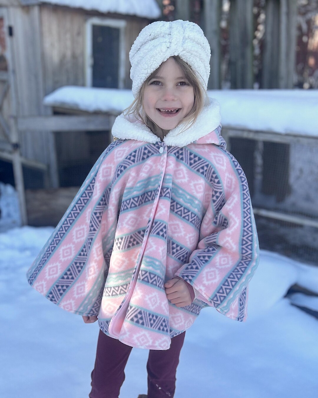 Reversible Kids Fleece Poncho With Oversized Hood - Pastel Aztec & Soft ...