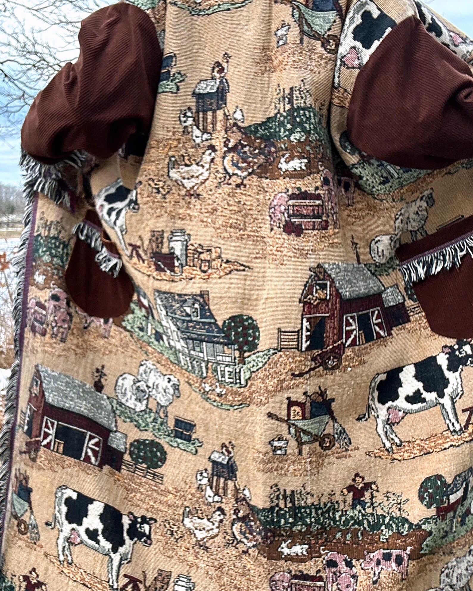 OOAK Farm Scene Tapestry Duster • Vintage Countryside Coat • Corduroy ...