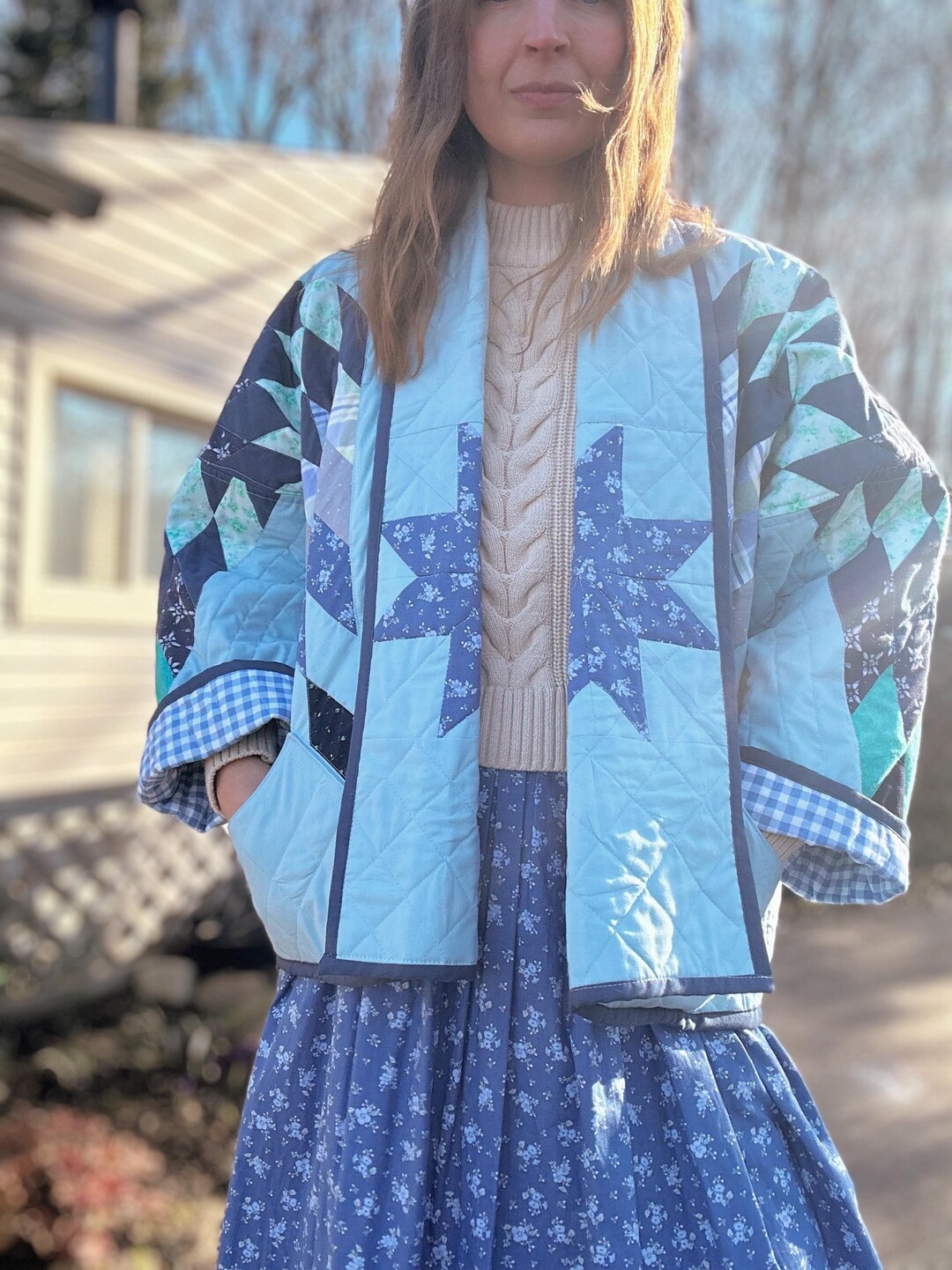 Lone Star Quilt Jacket, Blue Kimono Coat, Handmade Batwing Jacket ...