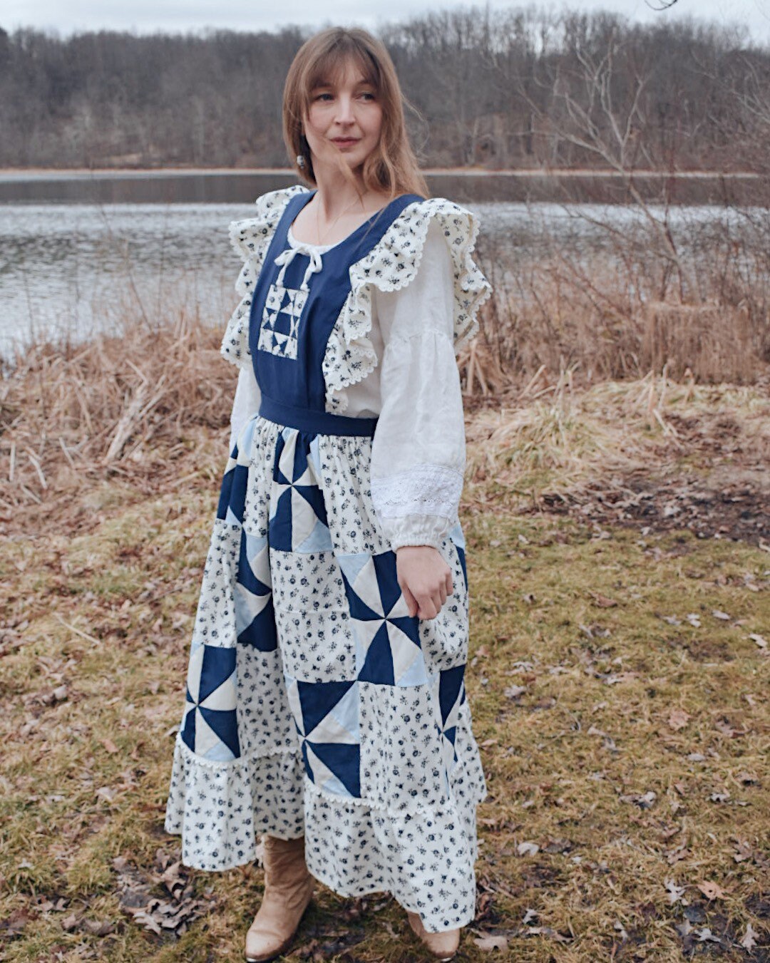 Handcrafted Ohio Star and Pinwheel Block Patchwork Ruffled Pinafore ...