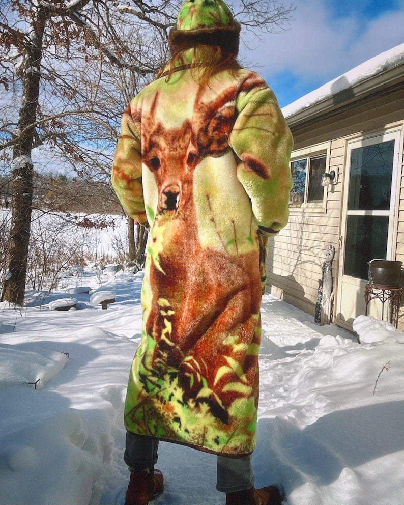Handmade Deer Fleece Duster Coat • Faux Fur Hat, Woodland Dublenka - Etsy