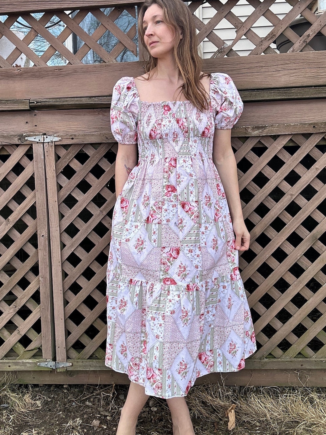 Pink & Sage Floral Patch Prairie Dress, Smocked Bodice, Cotton Boho ...
