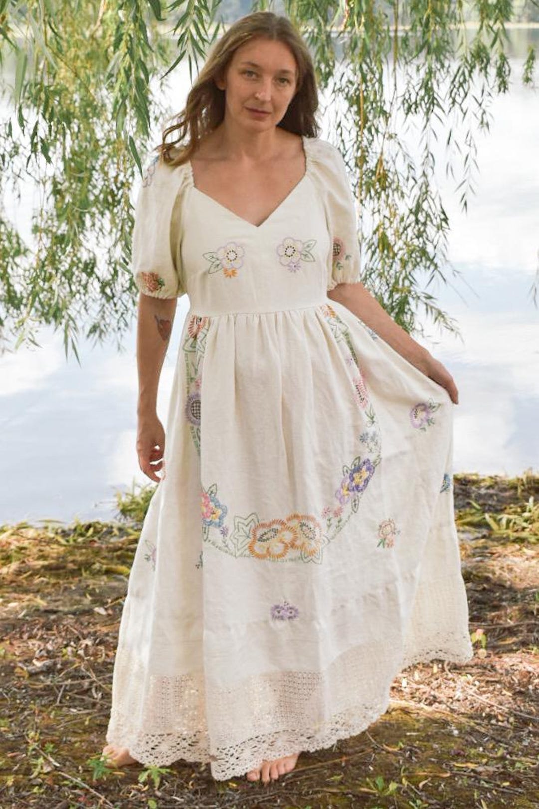Vintage Embroidered Linen Cotton Tablecloth Dress With Deep V-neckline ...