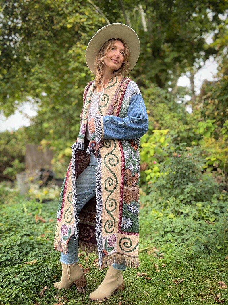 Vintage Tapestry Blanket Coat: Denim Sleeves, Fringe Trim - Etsy
