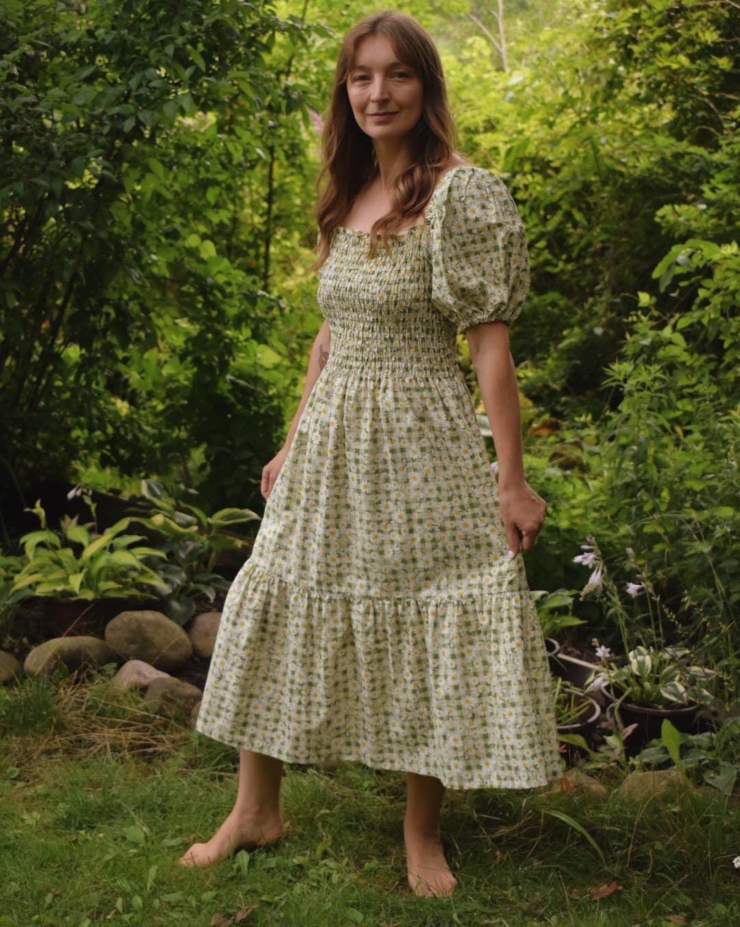 Daisy Gingham Prairie Dress: Smocked Bodice, Puffed Sleeves, Midi ...