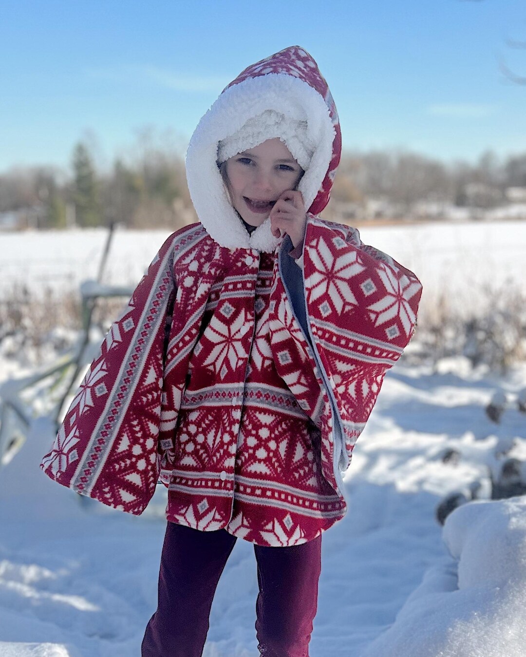 Reversible Kids Fleece Poncho With Oversized Hood - Red Snowflake ...