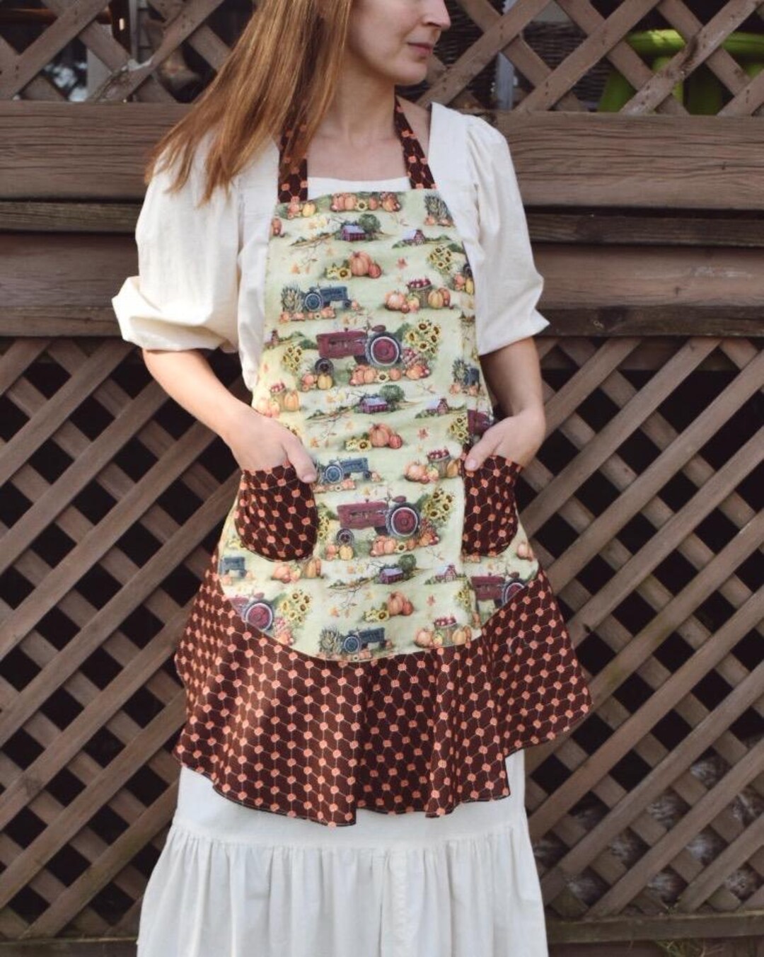 Farmhouse Tractor & Pumpkin Apron, Autumn Kitchen Apron, Fall Harvest ...