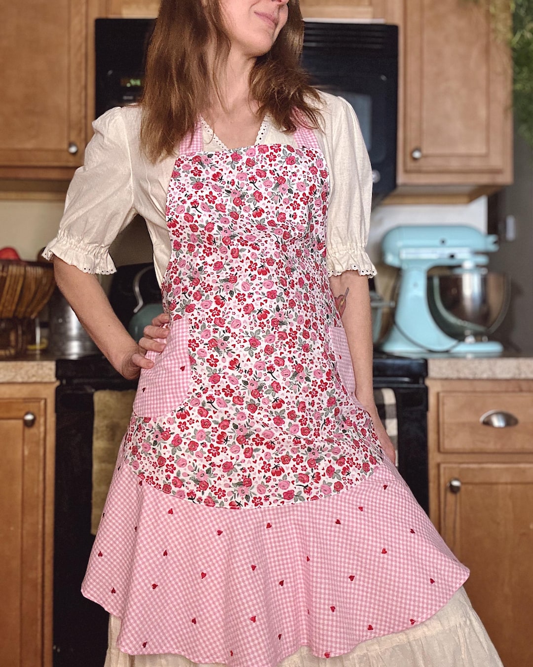 Floral Cottagecore Apron, Pink Rose & Gingham Ruffle Apron, Vintage ...
