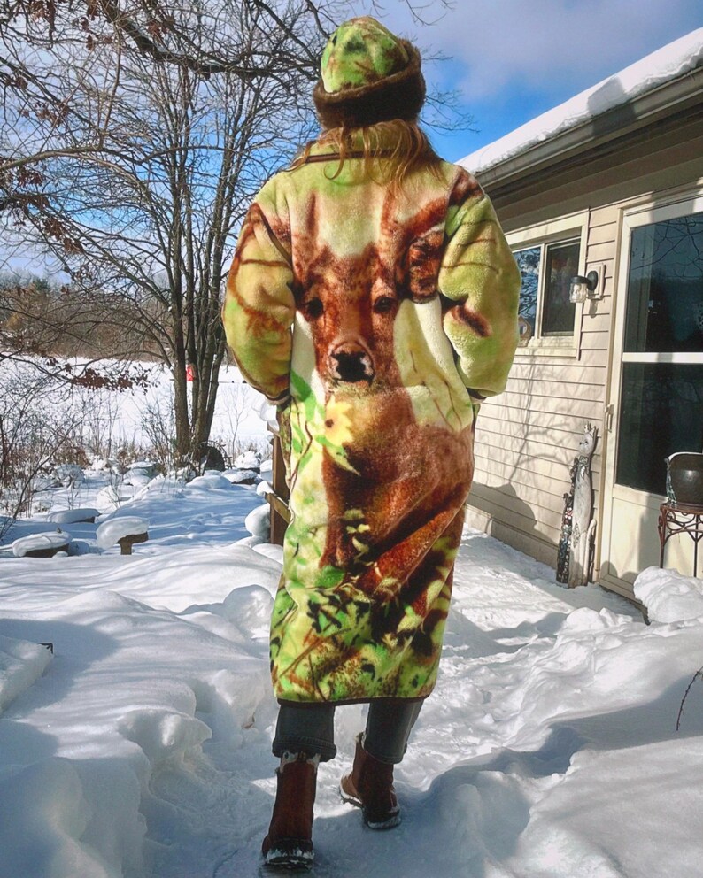 Handmade Deer Fleece Duster Coat • Faux Fur Hat, Woodland Dublenka - Etsy