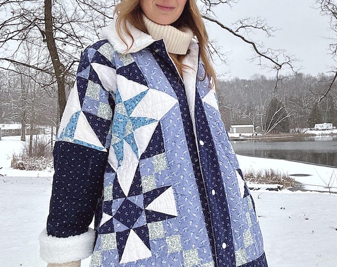 Handmade Vintage Quilt Jacket With Sherpa Collar, Blue Starburst ...