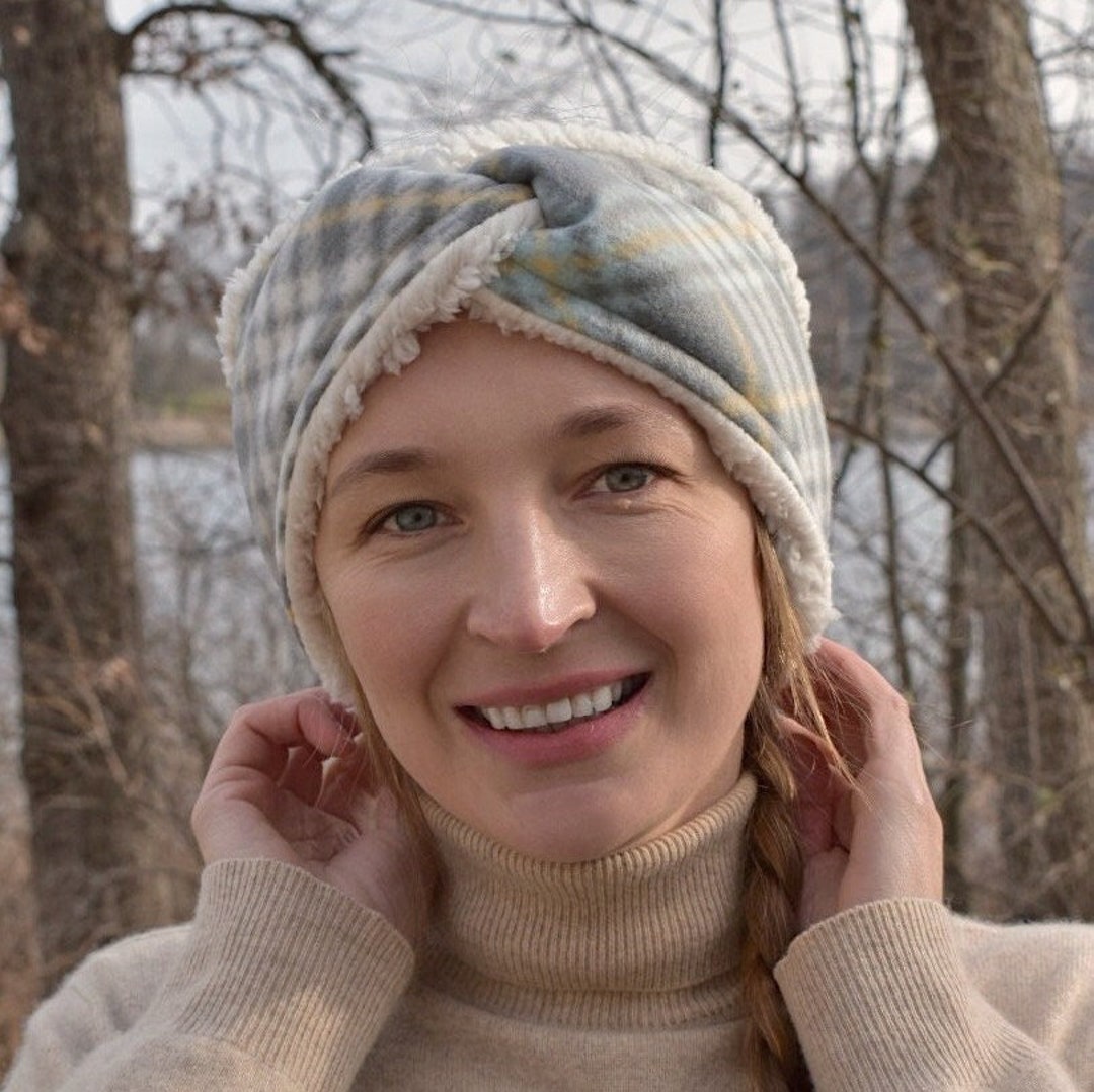 Gray & Gold Breyer Plaid Fleece Sherpa-lined Twisted Turban Headband ...