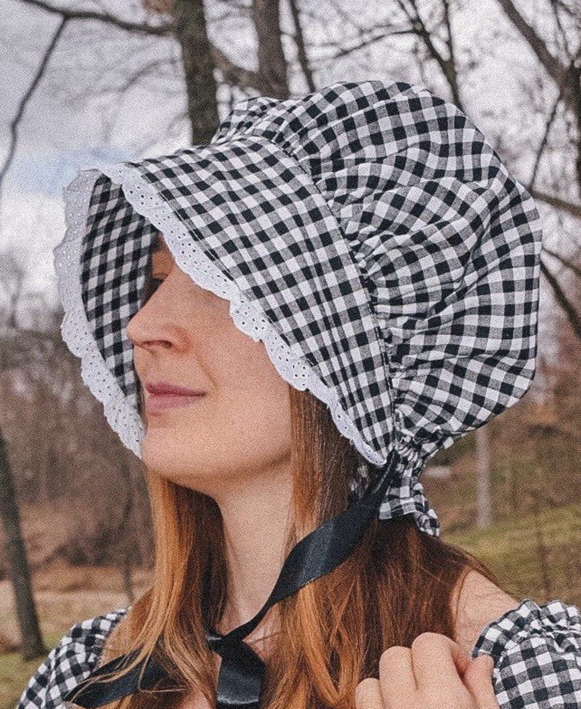 Black gingham cotton sun bonnet hat | Etsy