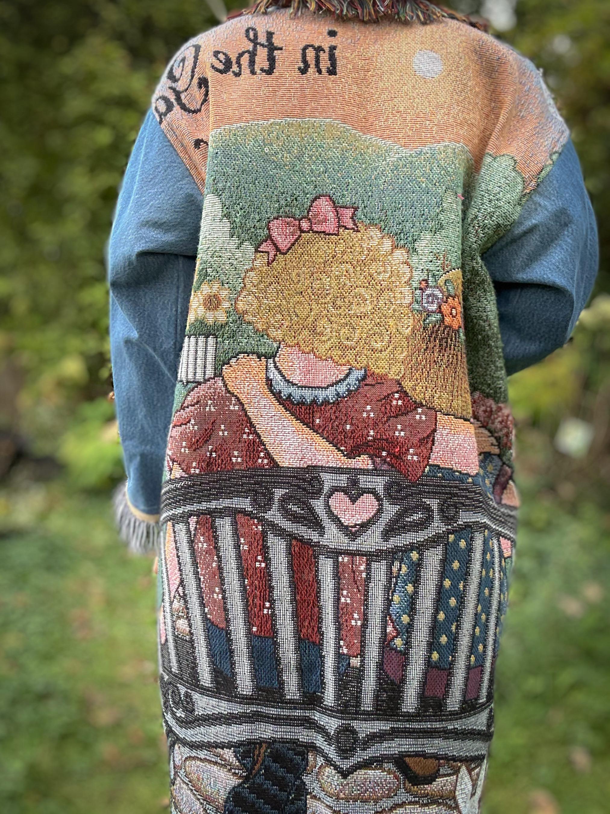 Vintage Tapestry Blanket Coat: Denim Sleeves, Fringe Trim - Etsy