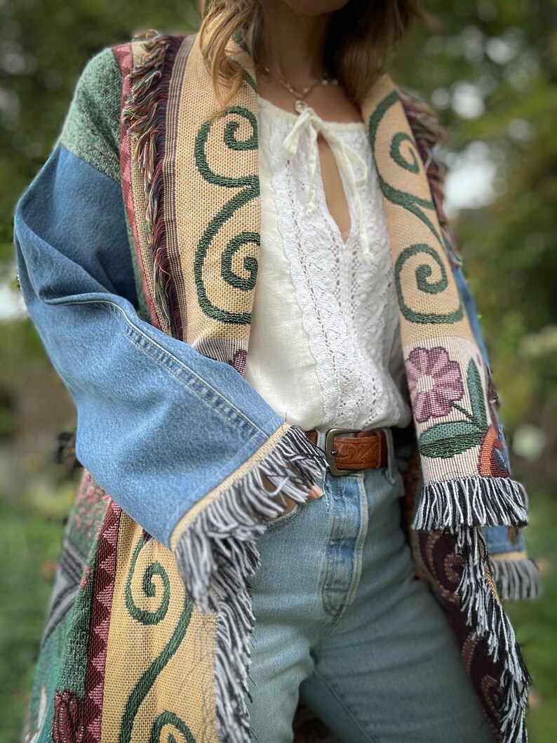 Vintage Tapestry Blanket Coat: Denim Sleeves, Fringe Trim - Etsy