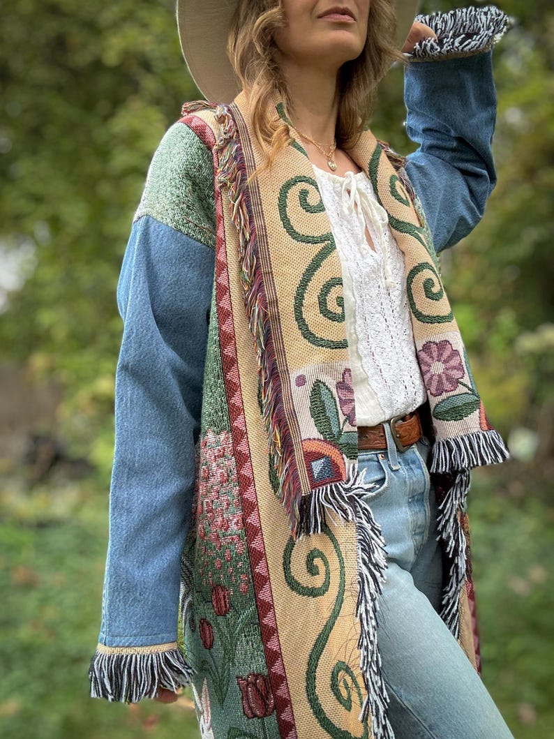 Vintage Tapestry Blanket Coat: Denim Sleeves, Fringe Trim - Etsy