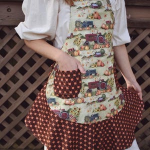 Farmhouse Tractor & Pumpkin Apron, Autumn Kitchen Apron, Fall Harvest ...